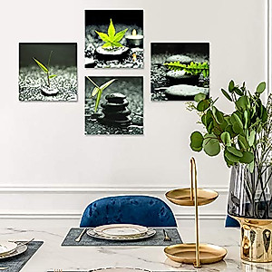 Artscope 4 Pieces Canvas Prints Wall Art - Green Leaf Raindrops and Stones Picture Painting- Modern Wall Artwork Framed for Bathroom Home Office Decor - 12 x 12 Inch