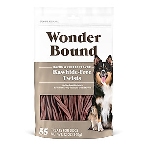 Amazon Brand - Wonder Bound Bacon & Cheese Flavor Twist Sticks - 55 Count - Rawhide-Free Dog Treats, Dental Health Chews for Plaque & Tartar Control, Easy to Digest, Long-Lasting