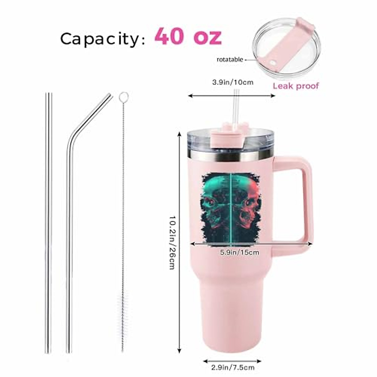 LB LEOBON 40 ounce insulated cup with handle, double-layer vacuum stainless steel material, equipped with straw, can keep warm or maintain cold drinks Neone Poppe Skeletons 2 Light pink
