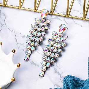 BriLove Women's Wedding Bridal Dangle Earrings for Party Prom Crystal Multi-Layer Teardrop Cluster Bling Jewelry Iridescent AB Silver-Tone