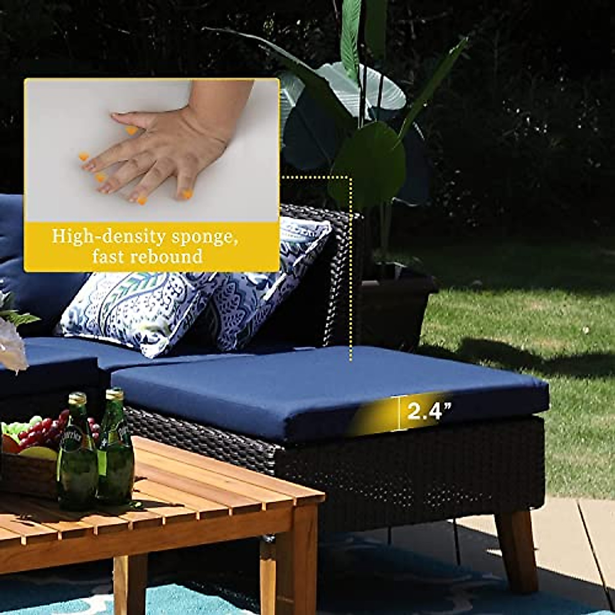 PHI VILLA 3-Piece Outdoor Rattan Sectional Sofa Set with Acacia Wood Coffee Table Patio Wicker Furniture Set with Cushions Conversation Set, Navy Blue