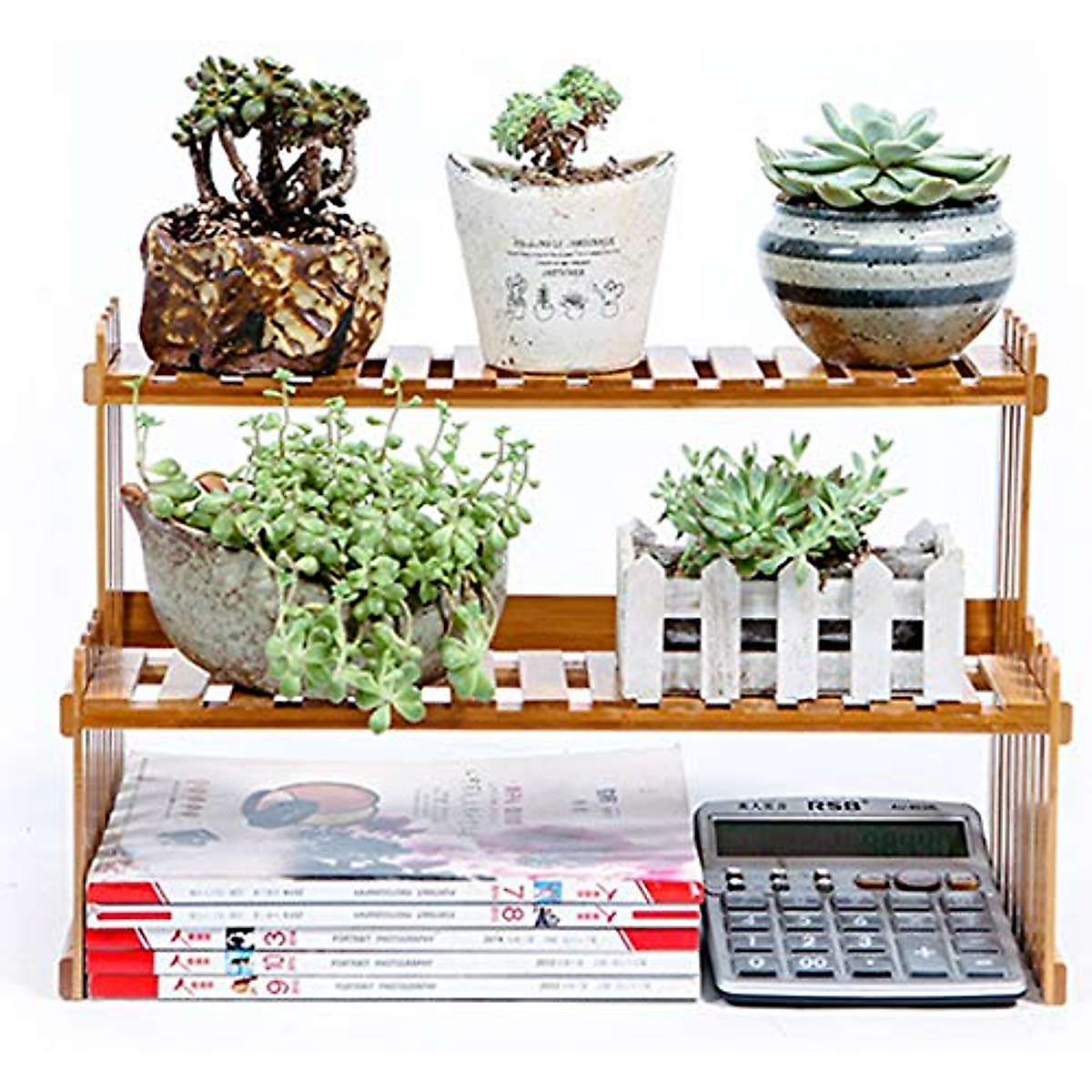 Lawei 2 Tier Table Top Bamboo Plant Stand - Desktop Flower Shelf Rack Flower Pot Display Stand for Indoor Outdoor Home Patio Lawn Garden Balcony Organizer Planter Holder