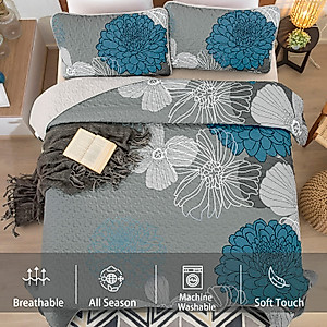 Floral Quilt Set Queen Blue Boho Bedspread 3 Pieces Soft Lightweight Coverlet with 2 Pillow Shams for All Season 96"x90"