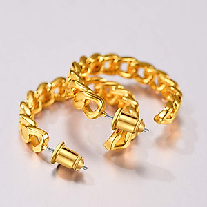 U7 Chunky Hoop Earrings for Women Surgical Stainless Steel Steel Post 14K Gold Plated Cuban Link Chain Earrings Open Cuff Hoop Earrings for Lady