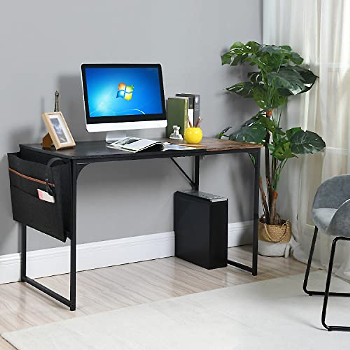 Homy Casa Inc 47 inch Study Storage Bag Space Saving for Home Office, Modern Simple Style PC Metal Frame Computer Desk, Writing Table, Black, Brown