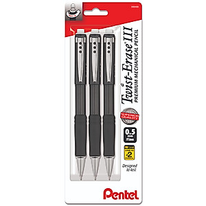 Pentel Mechanical Pencil 0.5 mm Twist Erase III - Twist Up Eraser - Pre-Loaded with Pentel Super Hi-Polymer HB Lead - Black Barrel - 3-Pack - Fine Point
