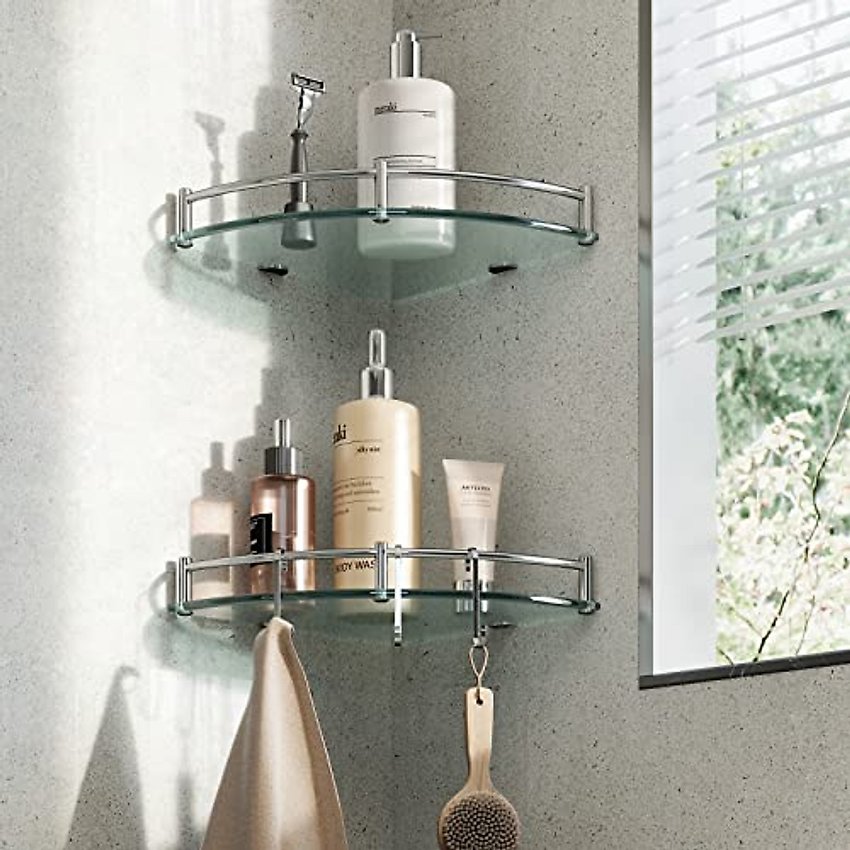 HouseMila Bathroom Shelf, 2 Tier Glass Bathroom Wall Shelf with Extra 3 Hangers Floating Glass Corner Shelves with Nail Shampoo Organizer