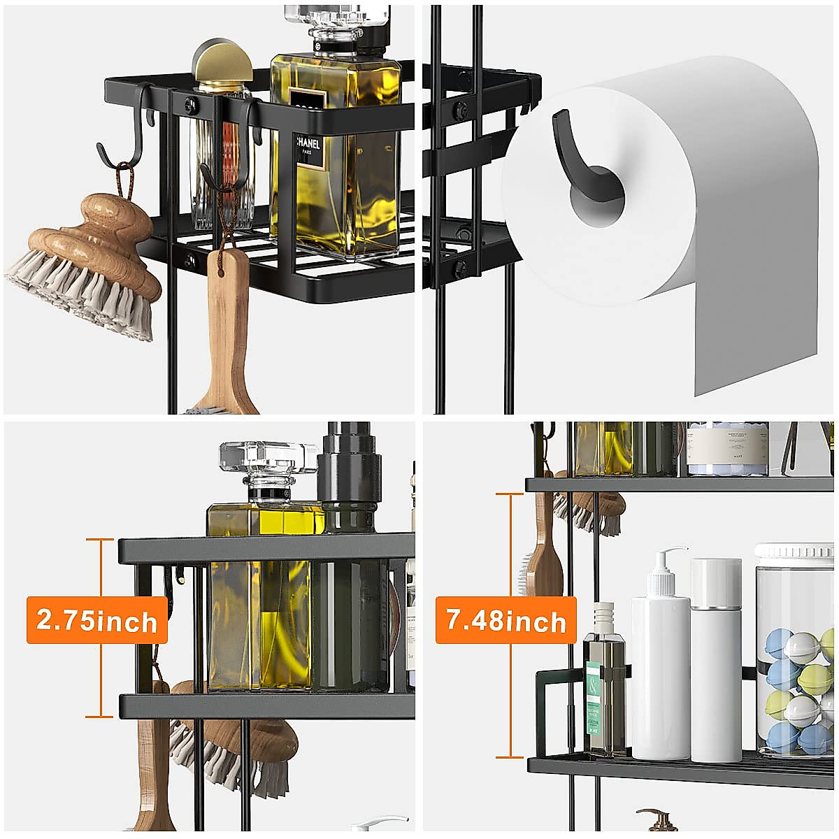 FLOLXNB Over The Toilet Storage,3-Tier Bathroom Organizer Shelves with Paper Holder, Multifunctional Toilet Rack,No Drilling Storage Shelf, Home Storage Space Saver Wall Mounting Design,White