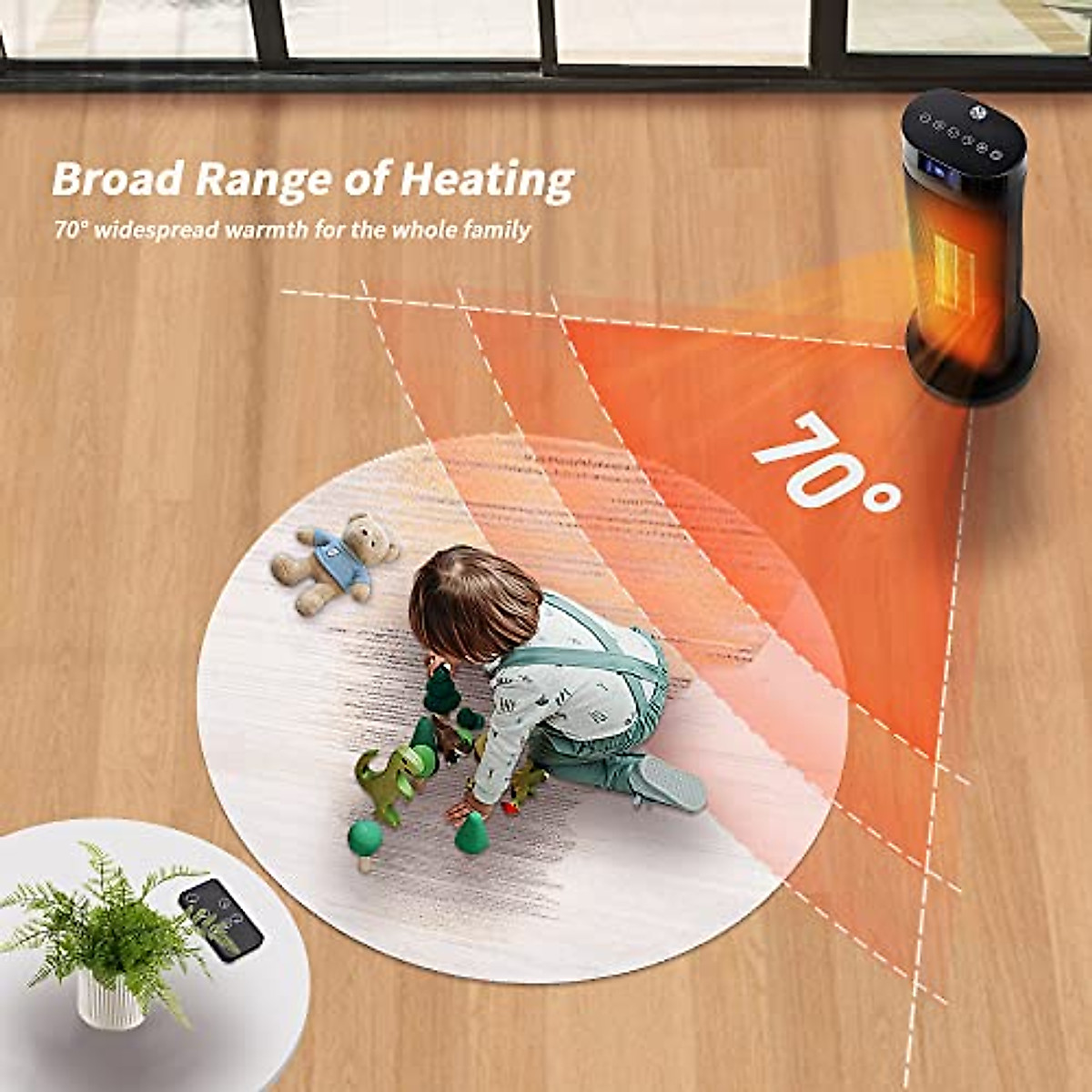 Uthfy Space Heater, 22" Portable Electric Heater with Remote, Thermostat, 12H Timer, Overheating & Tip-Over Protection, Osicllating Ceramic Tower Room Heater for Bedroom, Office, Bathroom, Indoor Use