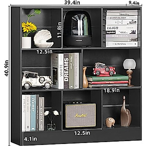 YAHARBO Black Wide Bookshelf,3 Tier Modern Horizontal Bookcase,Wood Low Bookshelves Display Storage Cabinet with Base,Floor Standing 8 Cube Large Bookcases Organizer for Bedroom,Living Room,Office