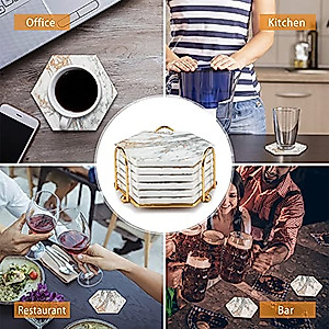 Marble Coasters for Drinks Absorbent with Cork Base, 6 Pcs Drink Coasters for Wooden Table with Metal Holder, Gold Ceramic Cup Coaster Set Rustic Home Decor for Living Room Bar - Housewarming Gifts