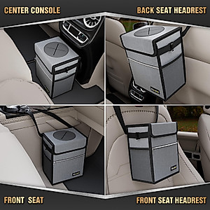 K KNODEL Car Trash Can with Lid, Leak-Proof Car Garbage Can with Storage Pockets, Waterproof Auto Garbage Bag Hanging for Headrest (Small, Gray)