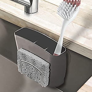 VACCARO Kitchen Sink Caddy, Plastic Caddy for Kitchen Sink with 3 Storage Compartments & Sponge Holder, Rustproof Kitchen Sink Organizer for Place Soap, Sponge, Scrubber Brush, Dishcloth, Grey