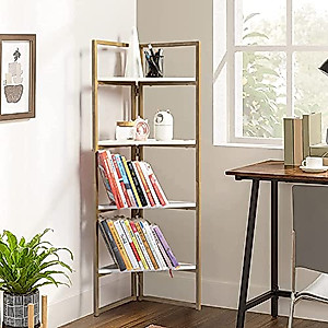 VERYKE 4 Tier Corner Shelf Standing Display Rack Corner Bookshelf Storage Plant Rack with Metal Frame Multipurpose Plant Stand for Living Room, Office, Kitchen, Small Space (Gold/White)