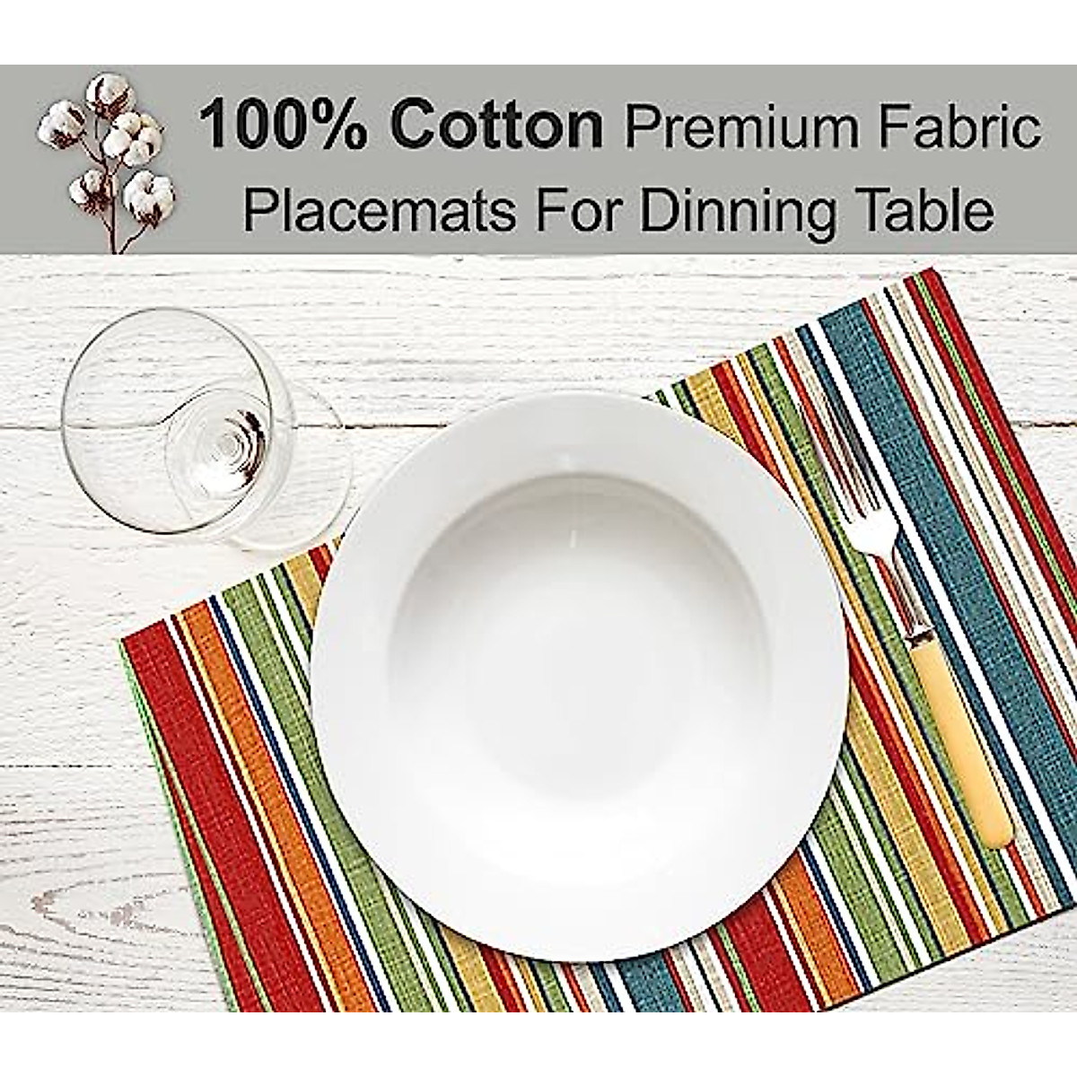 Ruvanti Placemats 100% Cotton 13x19 Inch, Dining Table Placemats Set of 6, Modern Place Mats for Dining Table Decor, Kitchen & Table Linens, Coffee Mat for Christmas Dinners – Multi Stripe