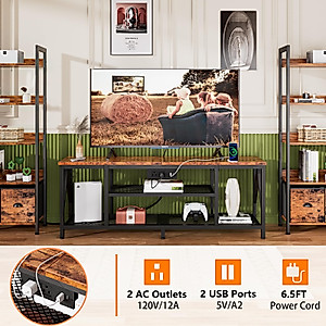 Furologee TV Stand with Power Outlets for 60 65 inch TV, Entertainment Center with Open Storage Shelves, Long 55'' TV Media Console Table with Soundbar Shelf for Living Room, Bedroom, Rustic Brown