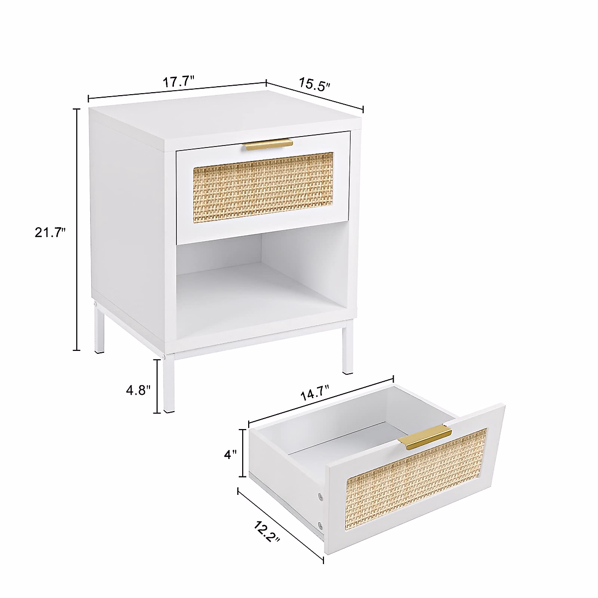 Anmytek White Nightstand with Rattan Decor Drawer, Mid Century Modern End Table with Open Storage, Farmhouse Night Stand, Small Side Table for Bedroom