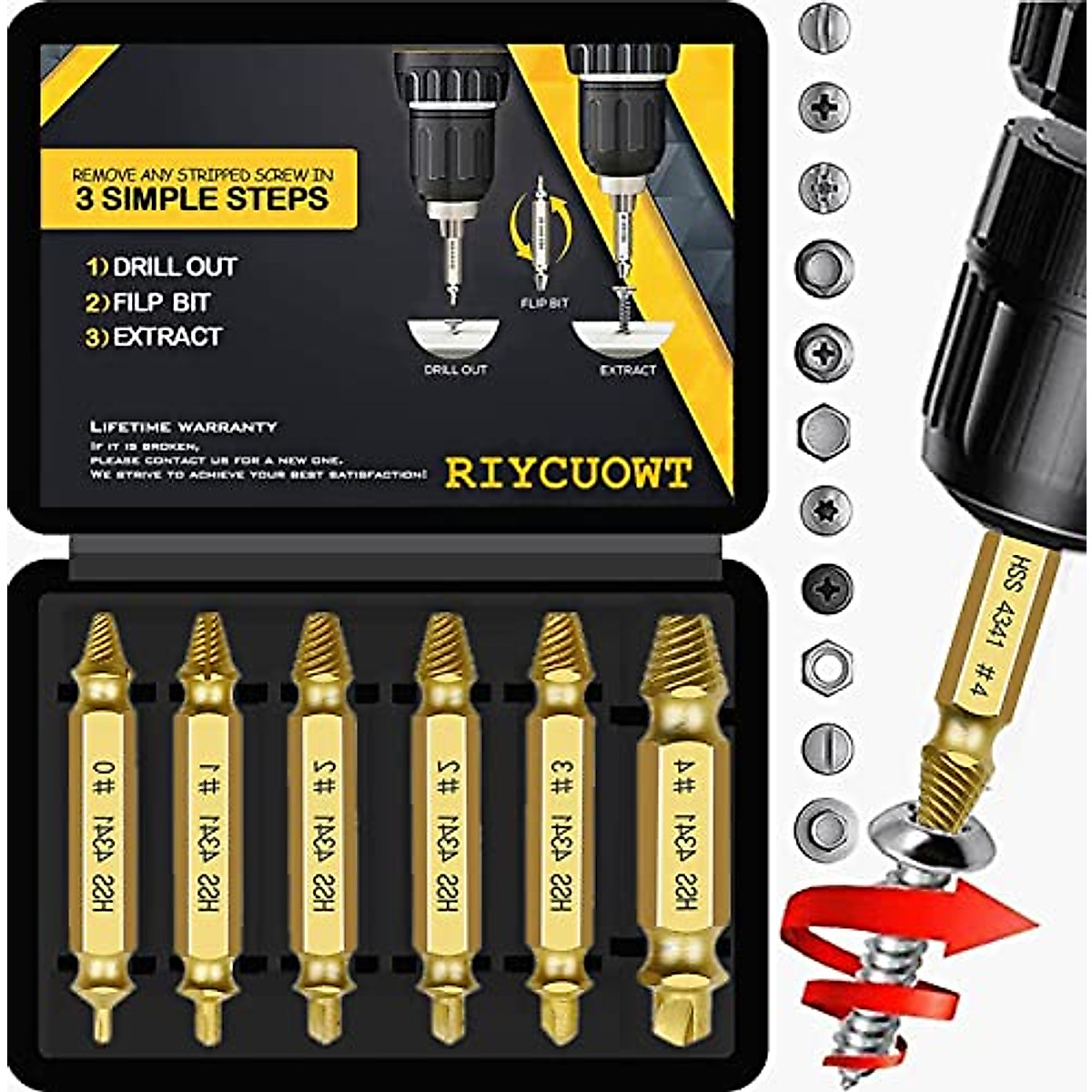 Damaged Screw Extractor - Remover for Stripped Head Screws Nuts & Bolts | ‎6 Piece Titanium Drill Bit Tools for Easy Removal of Rusty & Broken Hardware | High Speed Steel | Superb Gift for Men
