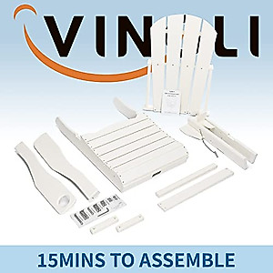 VINGLI Plastic Adirondack Chairs Set of 2 with Ottoman, Folding with Cup Holder, Waterproof HDPE Material, 380lb Weight Capacity for Outdoor Pool Patio Lounge Chair Lawn Furniture Firepit (White)