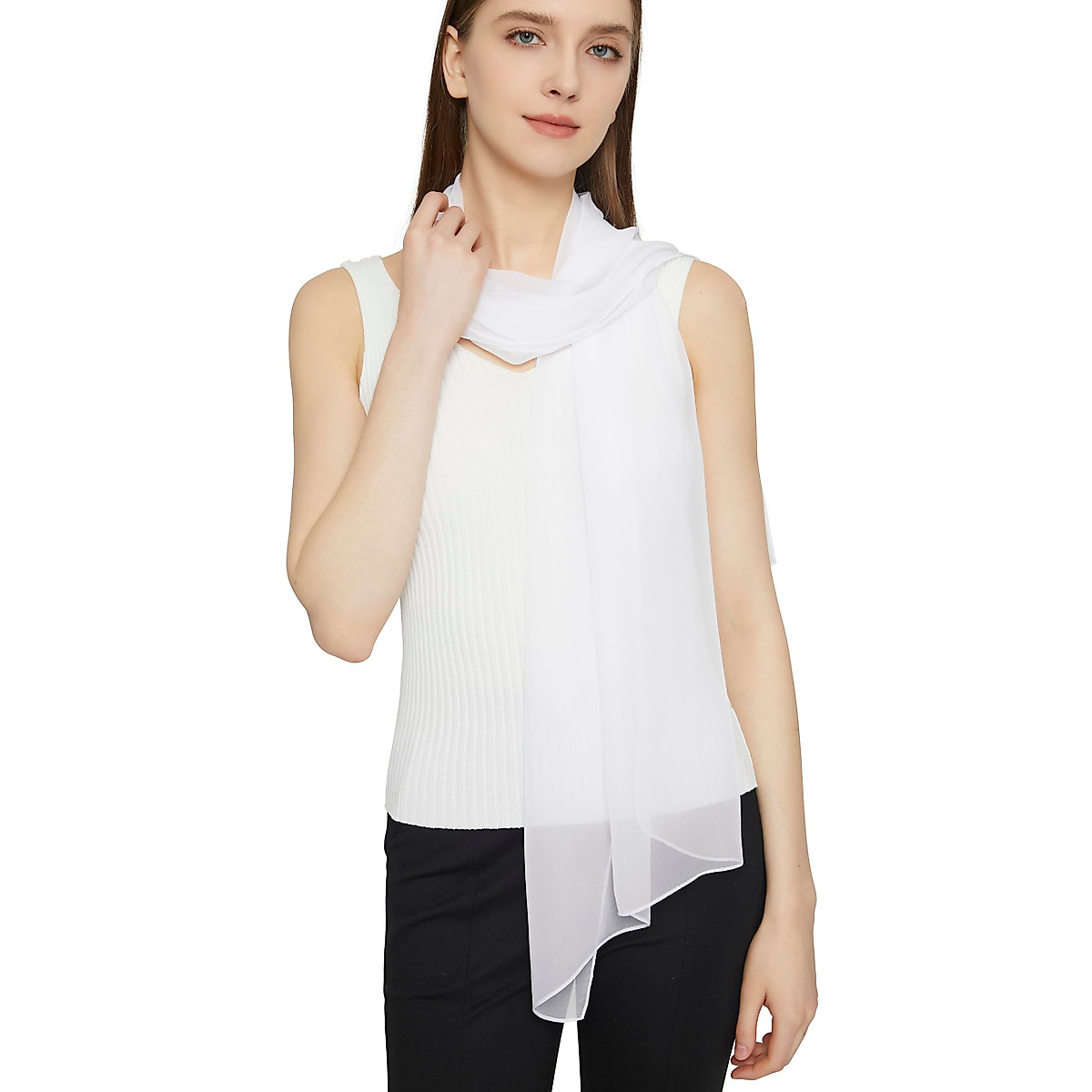 PANTONIGHT Long Chiffon Sheer Scarf For womens (073 white)