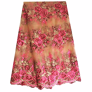 SanVera17 African Fabric Net Fabrics Nigerian Embroidered Rose Flower Lace Fabric for Party Dress (Rose) 5 Yards 220202