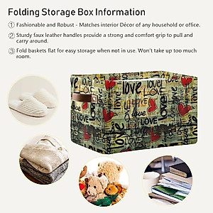 Valentine's Day Love Doodle Storage Basket Bins Collapsible Toy Storage Bins with Handles Laundry Baskets for Home Boys Girls Office Closet Shelf Nursery Baskets,1 pcs