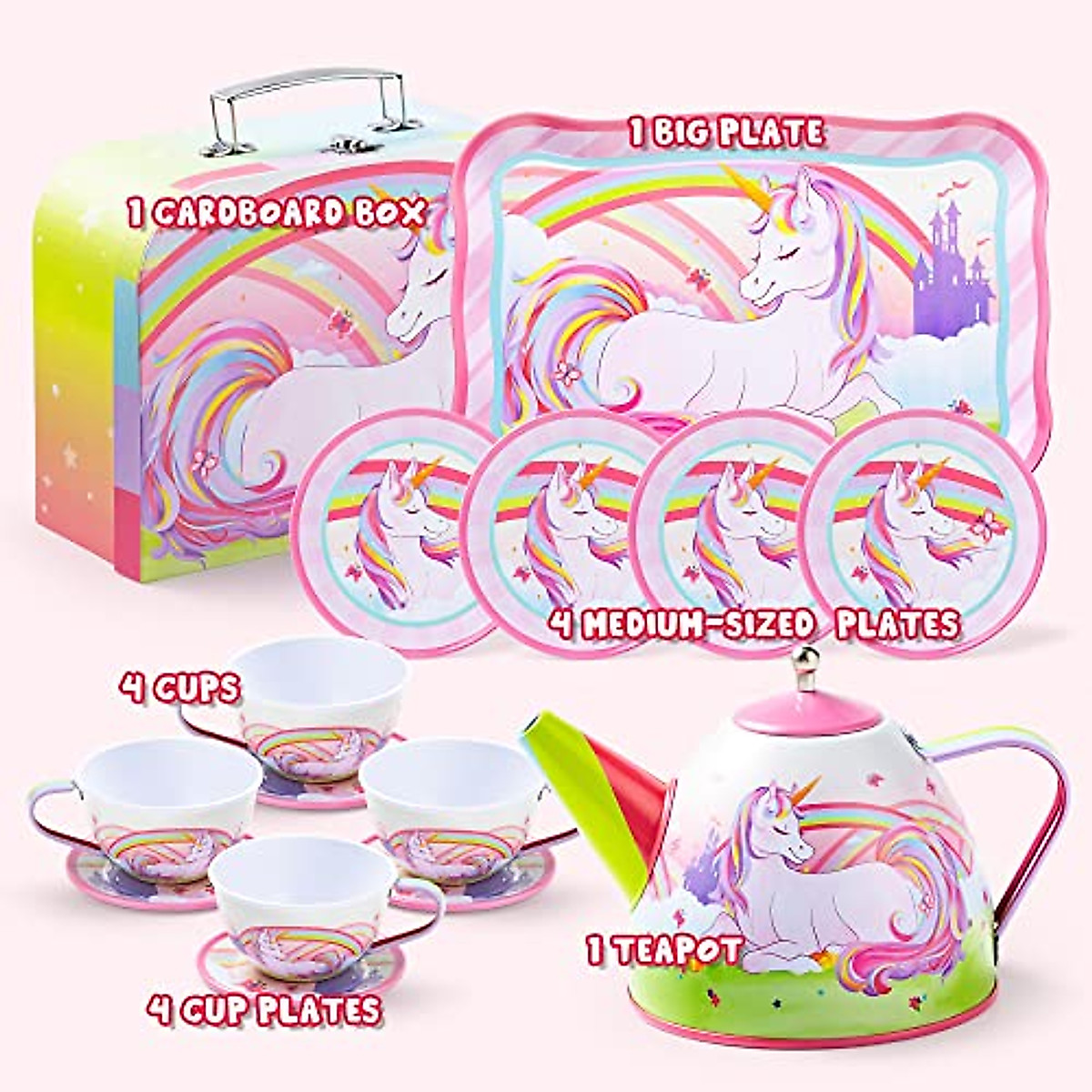 JOYIN Unicorn Tea Set for Toddlers Tea Party Set for Children Kids Pretend Role Play Tin Teapot Set with Cups, Plates and Carrying Case Kitchen Toy for Little Girls Birthday Gifts Age 3 4 5 6