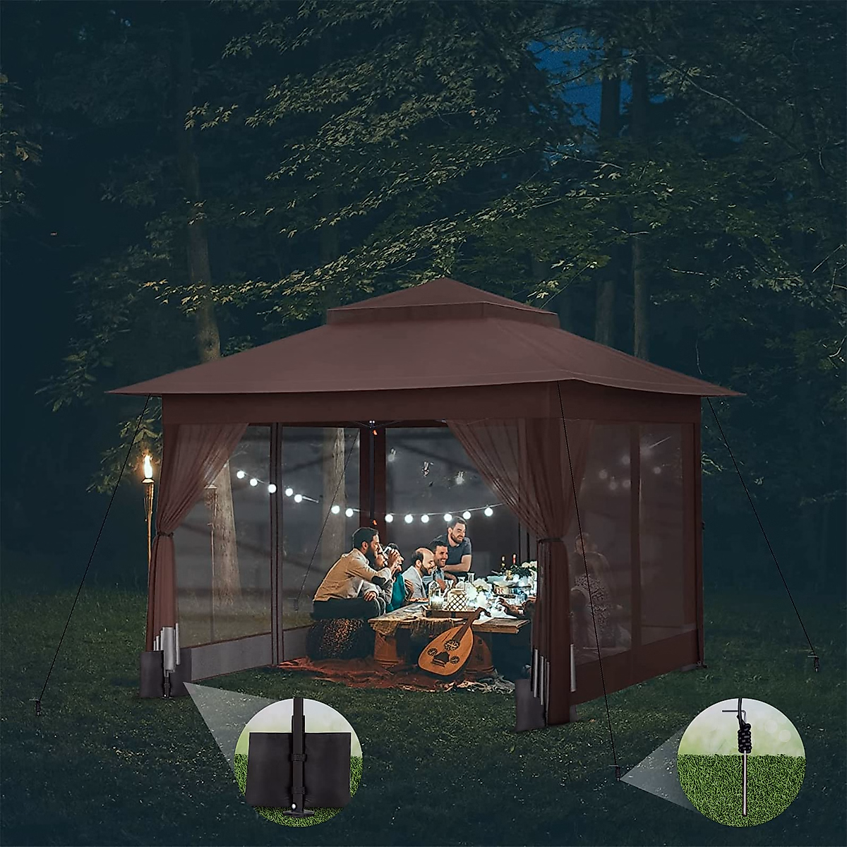 Gazebo, CBBPET 13'x 13' Pop Up Gazebo with Mosquito Netting, Outdoor Gazebo Canopy with Double Roof Tops and 169 Square Feet of Shade for Patio, Group Gatherings, Camping Shelter (Brown)
