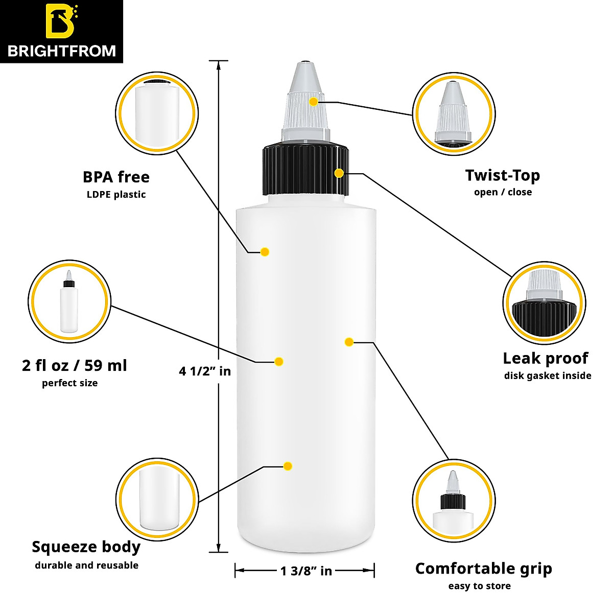 BRIGHTFROM Twist Top Applicator Bottles, Squeeze 2 OZ Empty Plastic Bottles, Refillable, Black Open/Close Nozzle - Multi Purpose (Pack of 2)