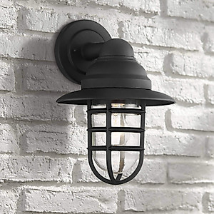 John Timberland Marlowe Rustic Industrial Farmhouse Outdoor Wall Light Fixture Black Hooded Cage 13" Clear Glass for Exterior Barn Deck House Porch Yard Patio Outside Garage Front Door Garden