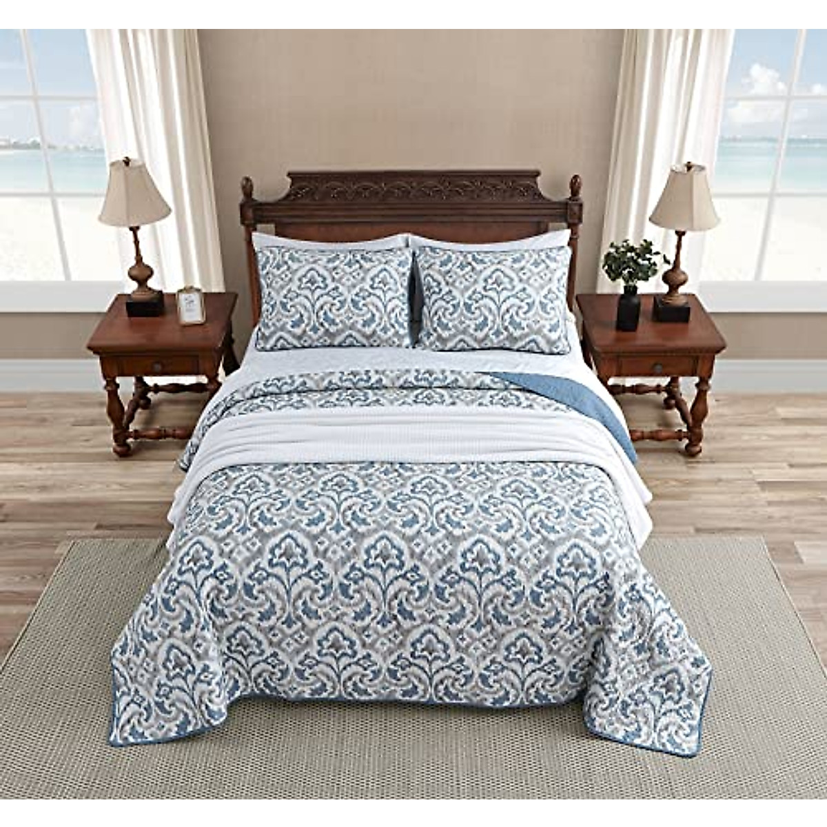 Tommy Bahama Quilt Set Reversible Cotton Bedding with Matchin Shams, All Season Home Decor, King, Cape Verde Smoke Grey/Blue