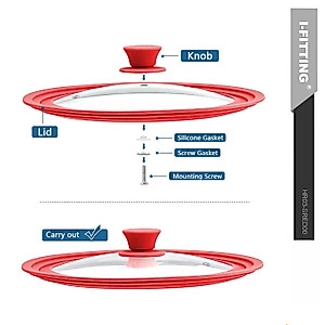 Universal Lid for Pot,Pan,Skillet Fits 8.5", 9.5,10 Cookware Silicon lid Dishwasher Safe, Replacement Lid Vented Tempered Glass with Heat Resistant Silicone Rim By HR Huare Technology, Red,1 Pack