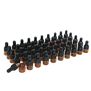 50Pcs Amber Glass Dropping Bottles 1ml Mini Essential Oil Dropper Bottles Empty Travel Perfume Sample Vials Containers with Glass Eye Dropper and Cap in Box(2 Droppers Included)