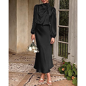 BTFBM Women's Mock Neck Satin Dress Elegant Long Sleeve Elastic High Waist Formal Wedding Cocktail Party Maxi Dresses(Solid Black, Medium)