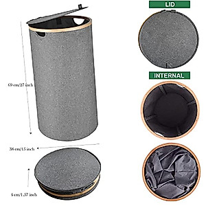 laundry basket with lid 88L Bamboo Laundry Basket with Lid laundry hamper with removable bag Water-proof Dirty Clothes Hamper Collapsible Laundry Baskets for Clothes Storage and Bedroom (round, grey)