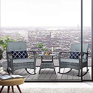 FUNKOCO 3 Pieces Patio PE Rattan Conversation Chair Set, Outdoor Furniture Rocking Chair Set with Water-Proof Cushion&Coffee Table for Garden,Backyard and Porch (Light Grey)