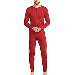 COLORFULLEAF Men's Cotton Thermal Underwear Union Suits Henley Onesies Base Layer (Red, XL)