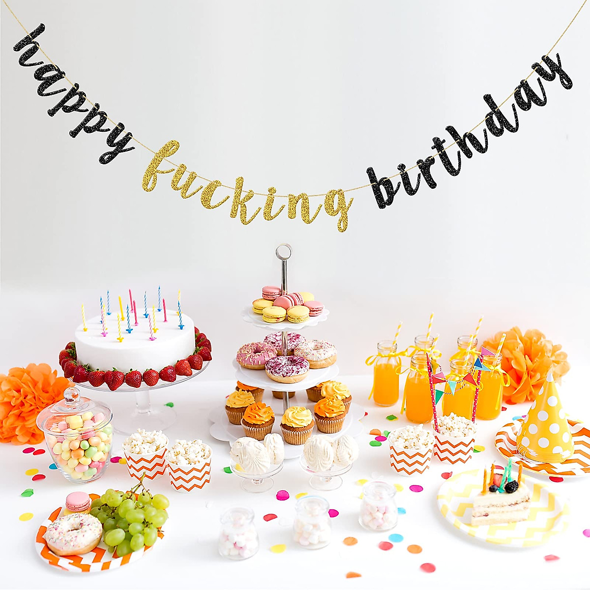 Gold and Black Happy F**king Birthday Banner - Glitter Happy Birthday Bunting, Funny Birthday Sign for Adult Birthday Party Decorations