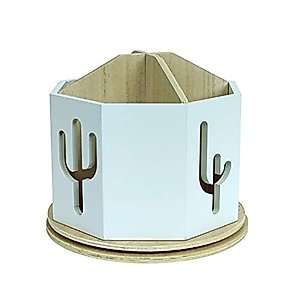 Designstyles Spinning Desktop Stationary Organizer – Decorative Wooden Rotating Pen and Pencil Cup – Desk and Table Top Office Supplies Station (White with Cactus cutout)