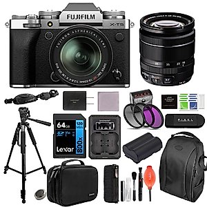 FUJIFILM X-T5 Mirrorless Camera with 18-55mm Lens (Silver) Bundle with Extra Battery & Charger Kit, Tripod, Backpack, & More (14 Items) | USA Authorised with Fujifilm Warranty | Fuji xt5