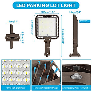 lumenfox 240W LED Parking Lot Lights Outdoor, Shoebox LED Parking Lot Light Adjustable Arm Mount 5000K 36000LM 150LM/W Parking Light with Dusk to Dawn Photocell IP65 Waterproof for Street Public Park