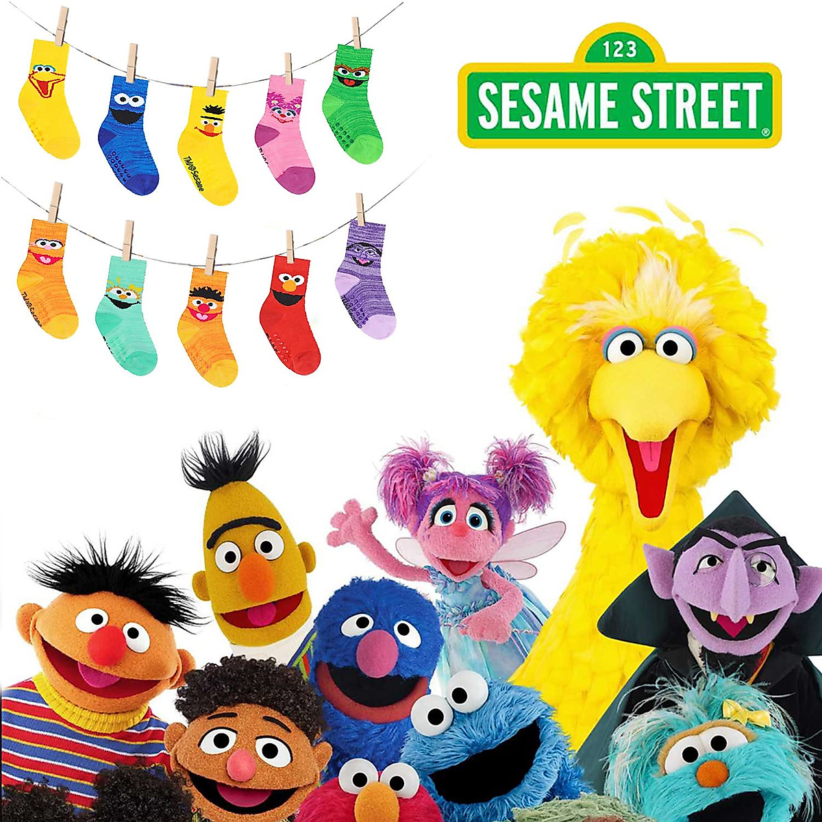 Sesame Street Toddler Socks with Grippers, Non Slip Socks for Kids