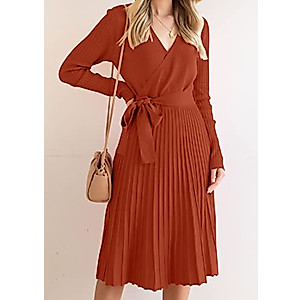 ZESICA Women's 2023 Fall Long Sleeve Wrap V Neck Ribbed Knit Pleated A Line Pullover Sweater Dress with Belt,Rust,Large