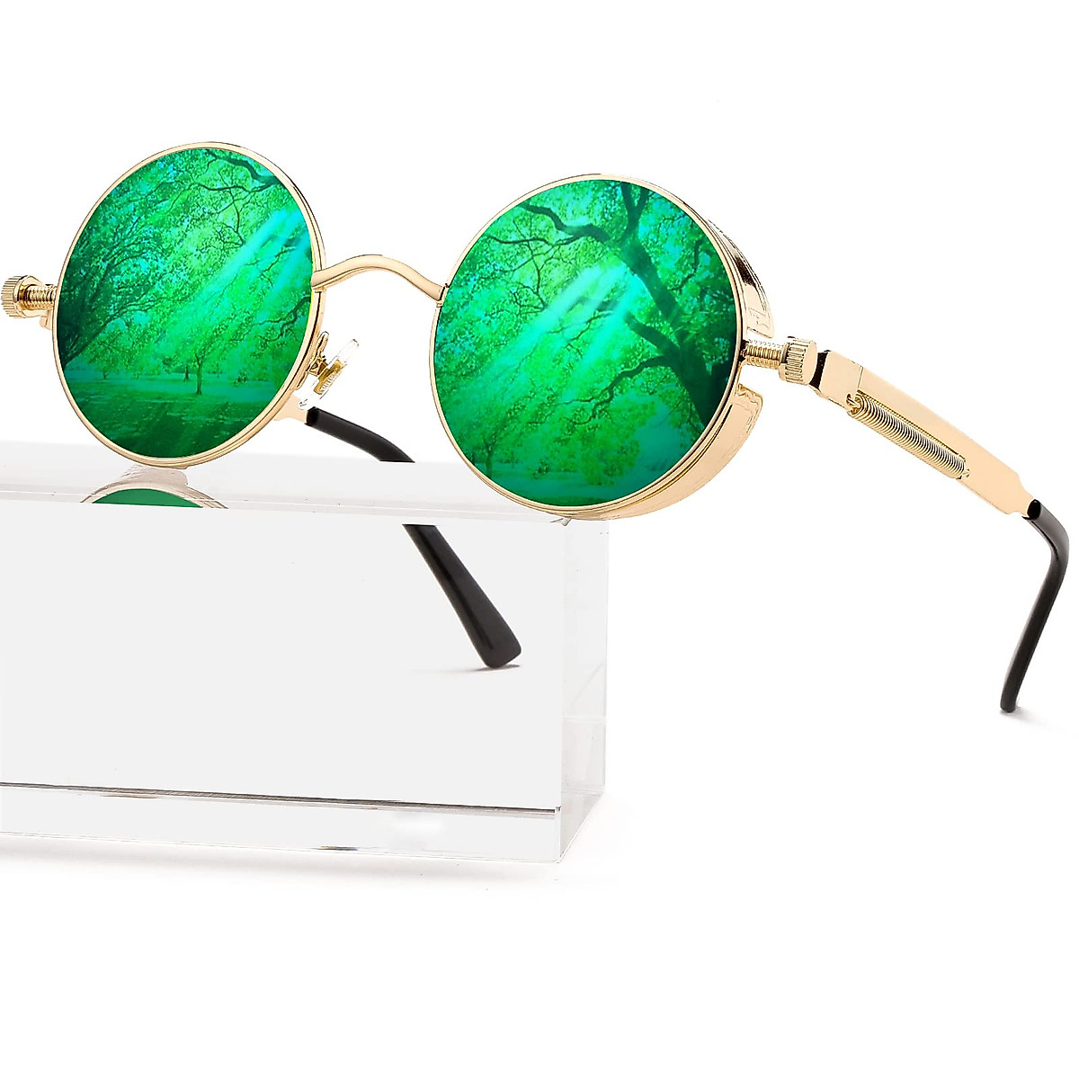 AIEYEZO Round Steampunk Sunglasses for Men Women Gothic Glasses Vintage Circle Metal Frame 100% UV Blocking Lens (Gold/Green Mirrored)