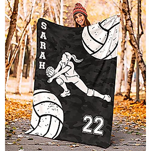 Custom Volleyball Black Camo Libero Volleyball Girl Personalized Name Number Premium Quality Sherpa Fleece Throw Blanket 3D Printed Warm Fluffy Cozy Soft Tv Bed Couch Comfy Microfiber Velvet Plush
