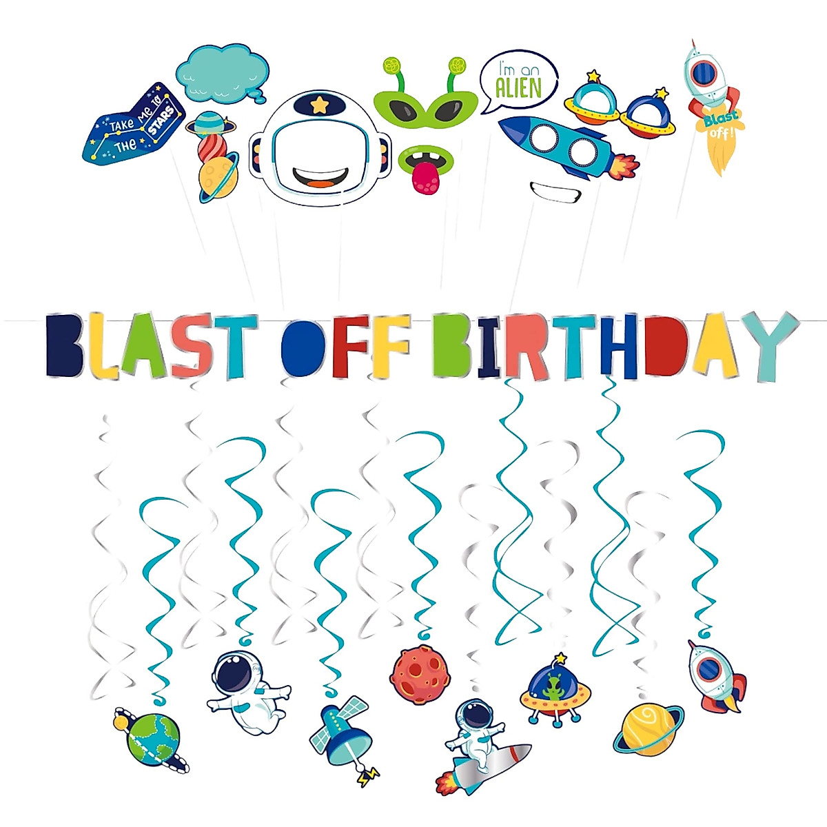 Serves 24 Ultimate Outer Space Party Supplies 9" Plates 7" Plates 24 Cups 2 Table Cover 24 Napkins 24 Straws 1 Blast off Birthday Banner 14 Swirls 12 Photo Props Cake Topper 30 Balloons 12 Candles