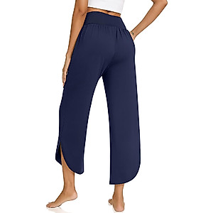 TARSE Womens Wide Leg Yoga Pants Cross High Waisted Capris Plus Size Palazzo Split Leg Trousers Casual Flared Sweatpants with Pockets (Navy,XL)