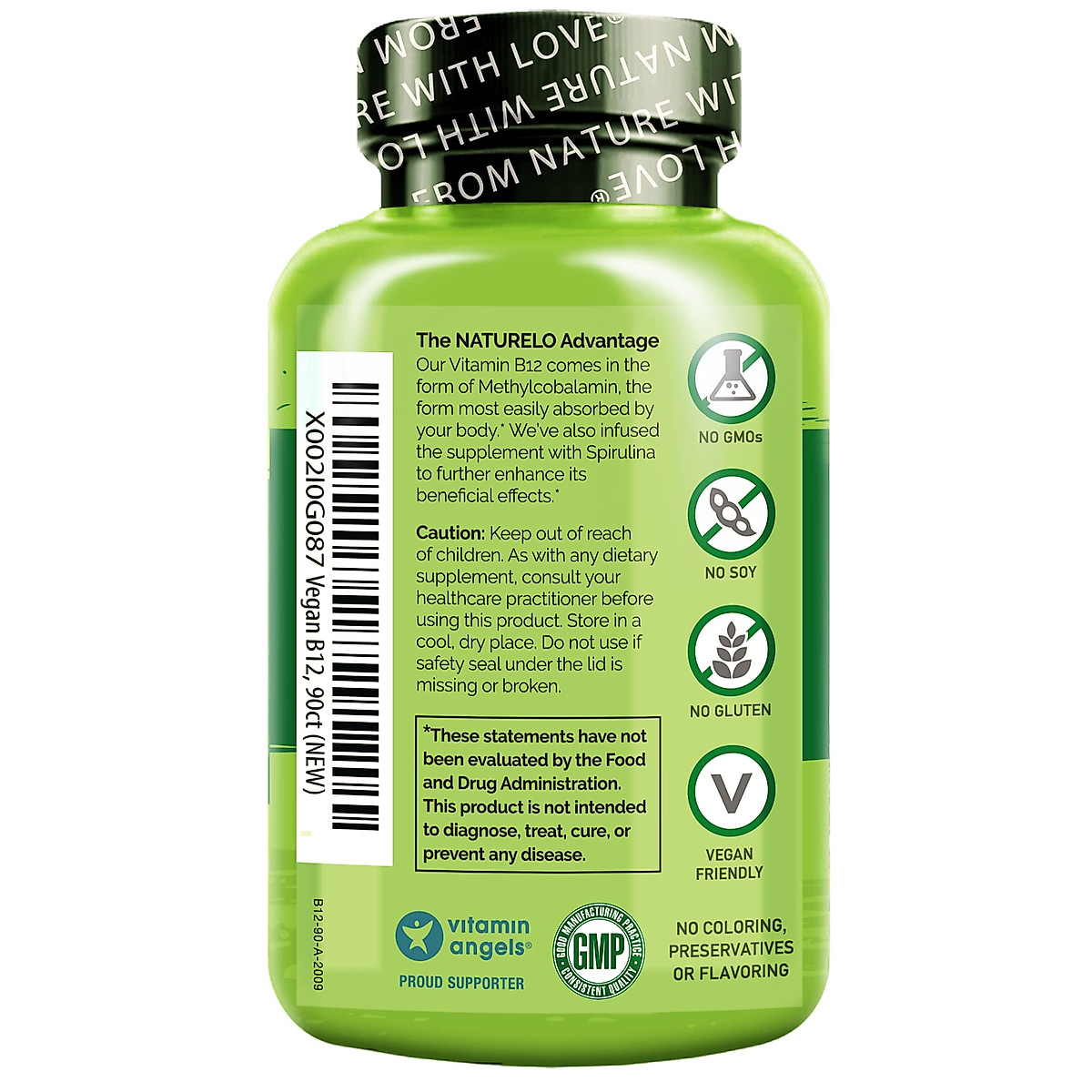 NATURELO Vegan B12 - Methyl B12 with Organic Spirulina - High Potency Vitamin B12 1000 mcg Methylcobalamin - Supports Healthy Mood, Energy, Heart & Eye Health - 90 Capsules