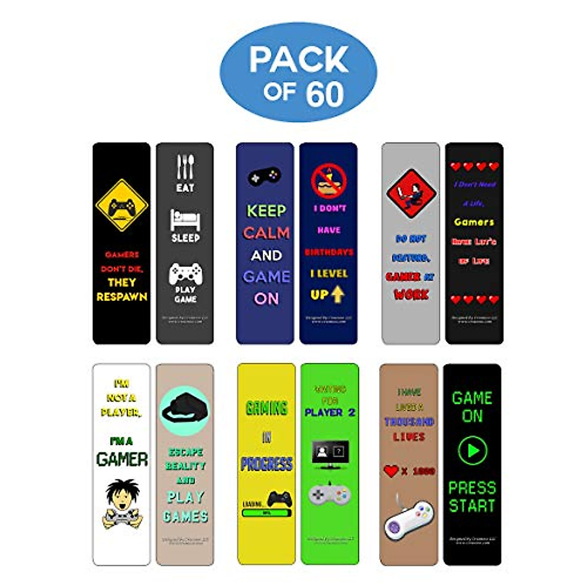 Creanoso Gamer Bookmarks (60-Pack) - Party Favors and Premium Gift Set Ideas for Children, Teens, & Adults – Classroom Teaching Incentives Rewards