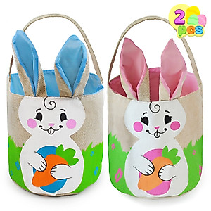 JOYIN 2 Pcs Easter Bunny Basket Set for Easter Eggs Hunt, Burlap Egg Tote Gift for Kids, Party Favor